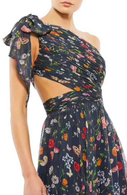 Mac Duggal One-shoulder Floral Chiffon Gown - Navy Multi
