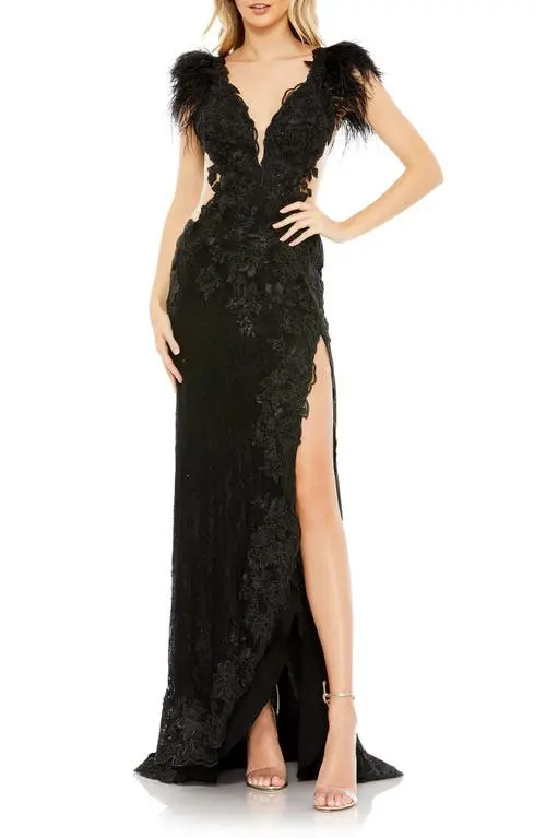 Mac Duggal Feather Cap Sleeve Lace Gown