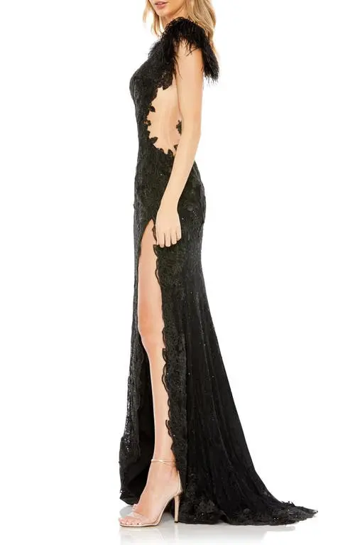 Mac Duggal Feather Cap Sleeve Lace Gown