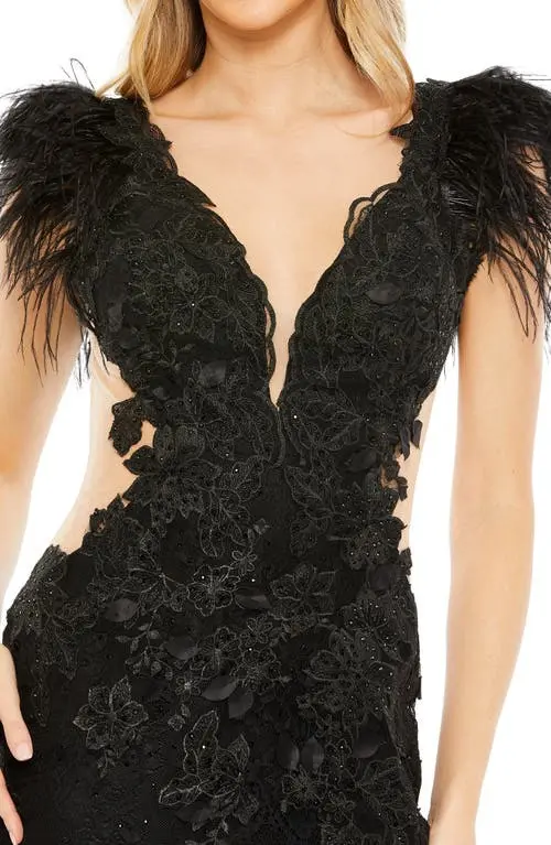 Mac Duggal Feather Cap Sleeve Lace Gown