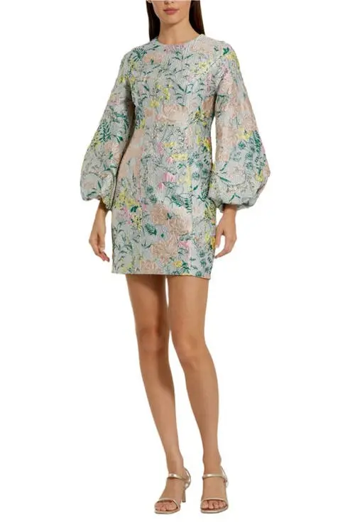 Mac Duggal Floral Brocade Puff Sleeve Mini Dress - Pastel Multi