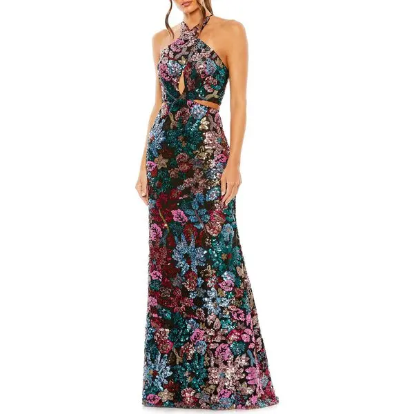 Mac Duggal Sequin Embellished Cross Neck Gown