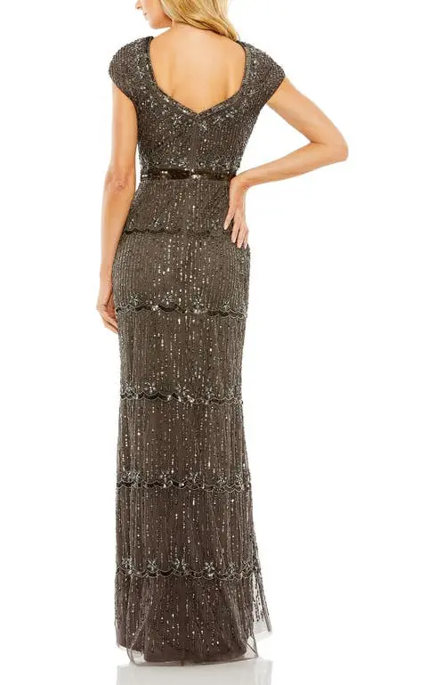 Mac Duggal Cap Sleeve Embellished Column Gown - Charcoal