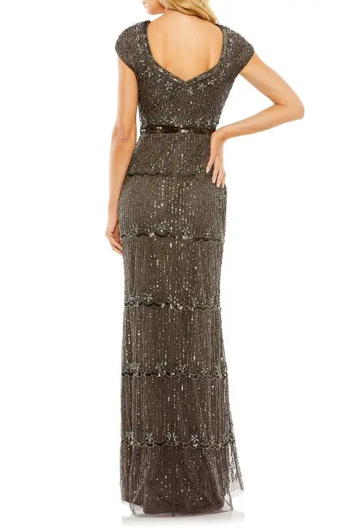 Mac Duggal Cap Sleeve Embellished Column Gown - Charcoal