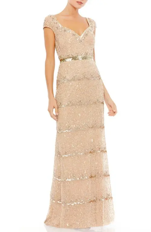 Mac Duggal Cap Sleeve Embellished Column Gown - Nude