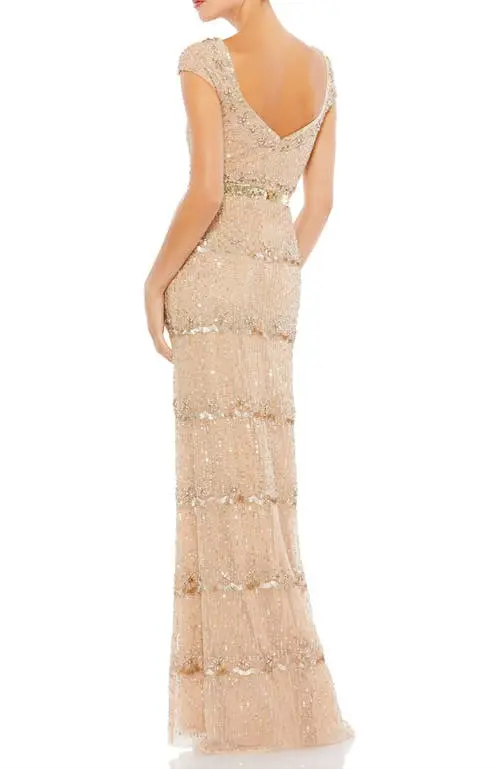 Mac Duggal Cap Sleeve Embellished Column Gown - Nude