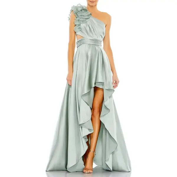 Mac Duggal Ruffled One Shoulder Hi-lo Gown - Sage
