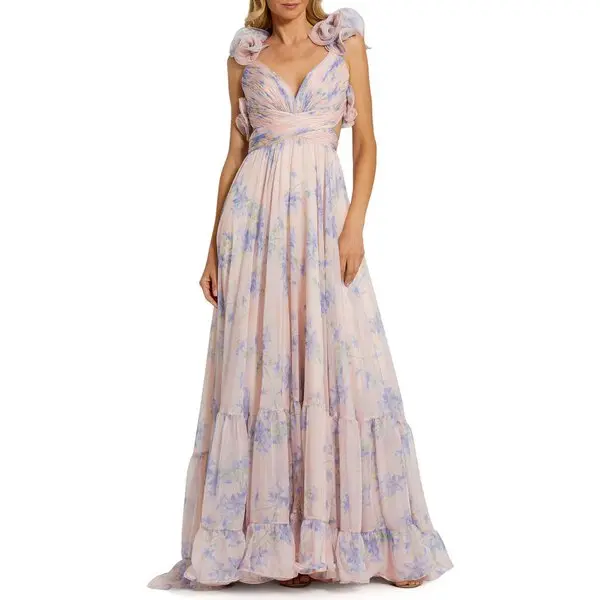 Mac Duggal Ruffle Tiered Floral Cut-out Chiffon Gown - Violet Multi