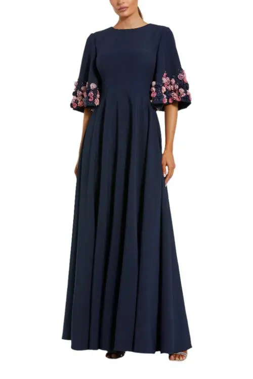 Mac Duggal Crepe A-line Gown With 3d Floral Detail - Midnight