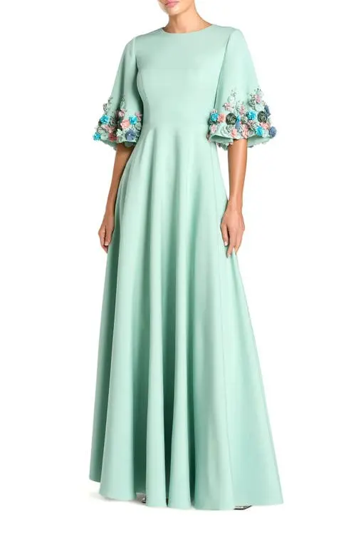 Mac Duggal Stretch Satin Gown With Floral Sleeves - Sage