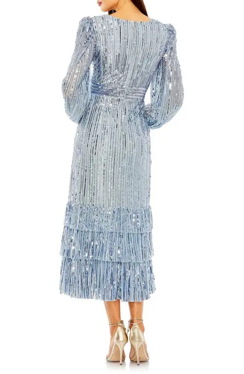 Mac Duggal Long Sleeve Tiered Ruffle Sequin Dress