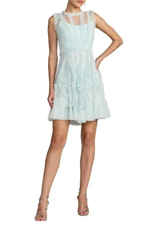 Mac Duggal High Neck Sleeveless Micro Ruffle Mini Dress - Aqua
