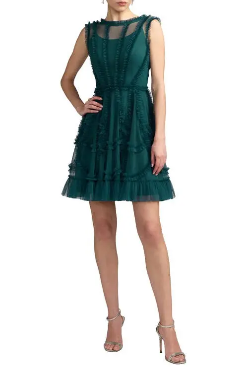 Mac Duggal Sleeveless Ruffle High Neck Mini Dress - Teal