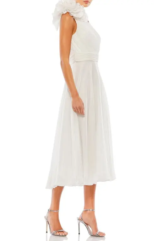 Mac Duggal Rosette One-shoulder Tea-length Dress - White