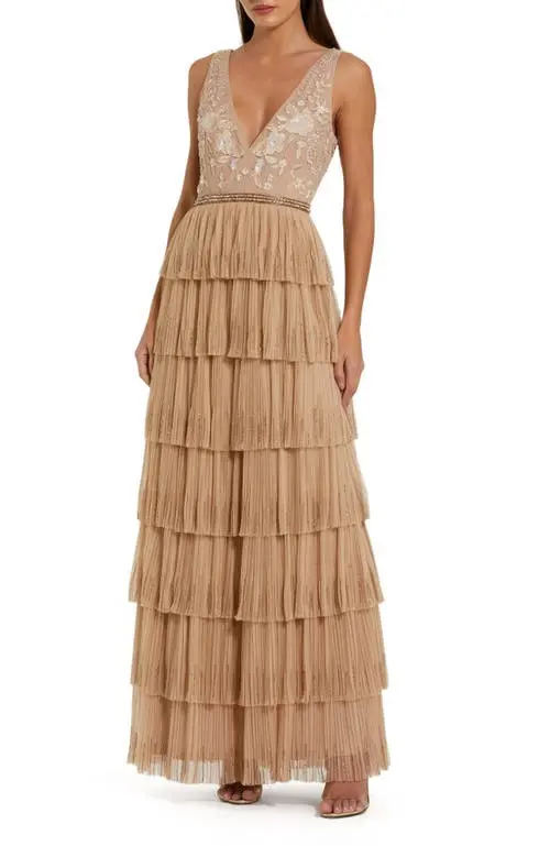 Mac Duggal Floral Beaded V-neck Tiered Ruffle Mesh Gown