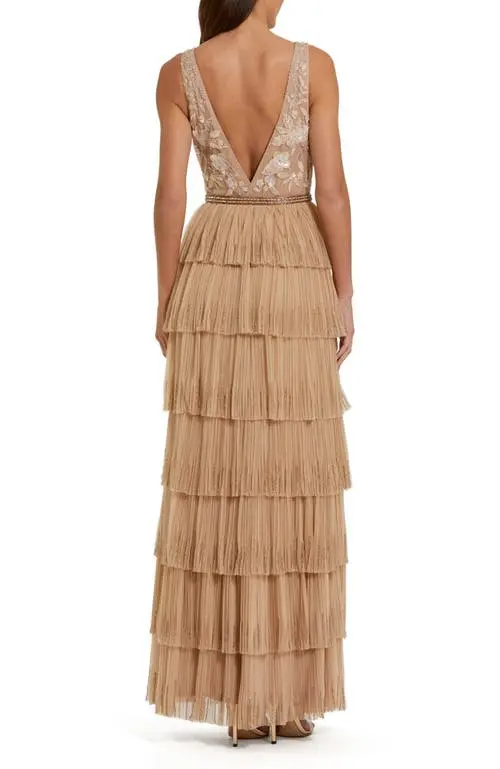 Mac Duggal Floral Beaded V-neck Tiered Ruffle Mesh Gown