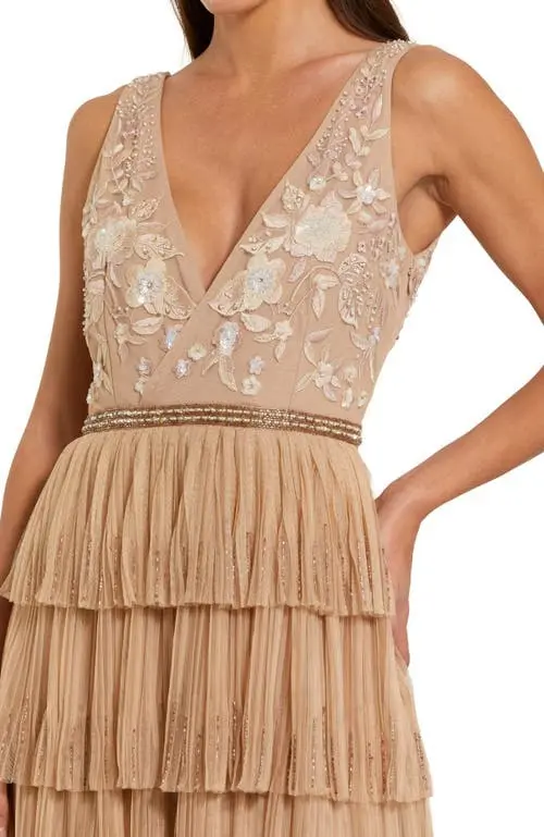 Mac Duggal Floral Beaded V-neck Tiered Ruffle Mesh Gown