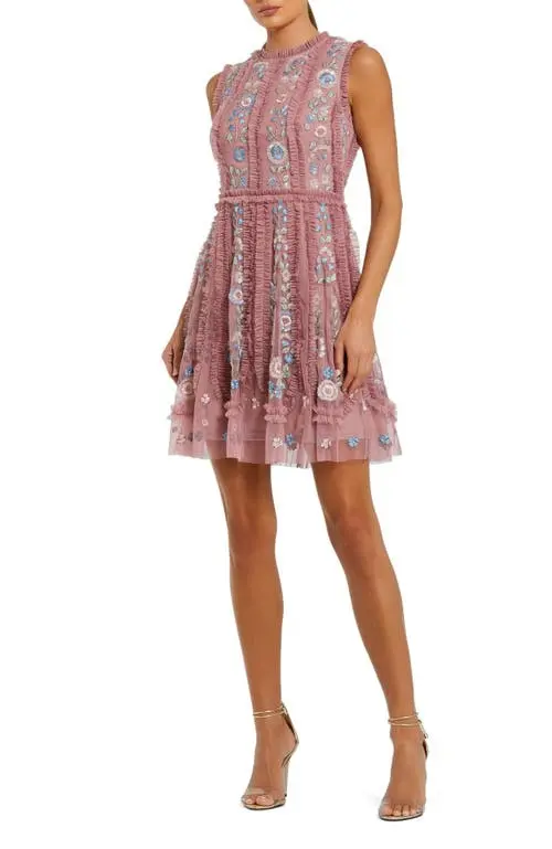 Mac Duggal Sequin Floral Tulle Mini Dress - Berry