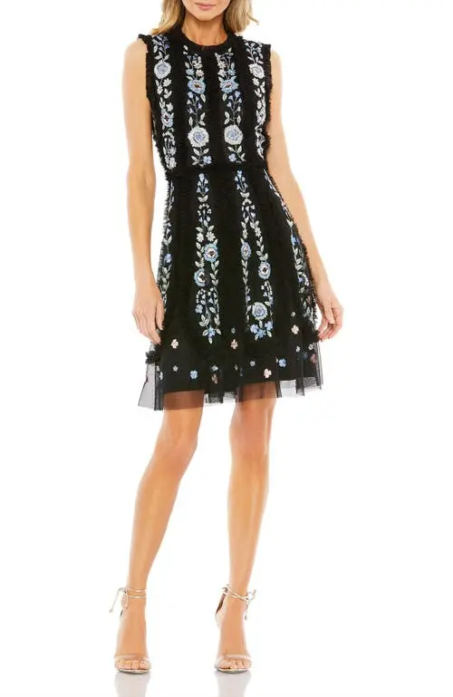 Mac Duggal Sequin Floral Tulle Mini Dress - Black