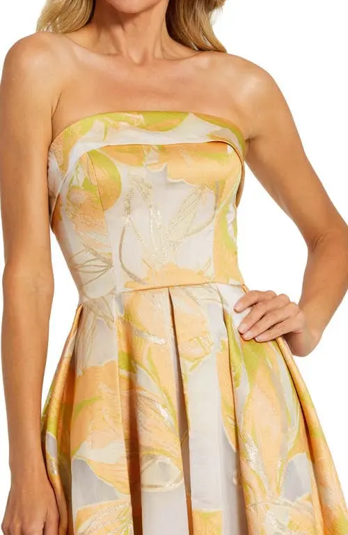 Mac Duggal Strapless Floral Print Brocade Midi Dress - Peach Multi