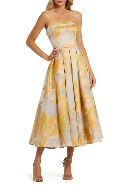 Mac Duggal Strapless Floral Print Brocade Midi Dress - Peach Multi