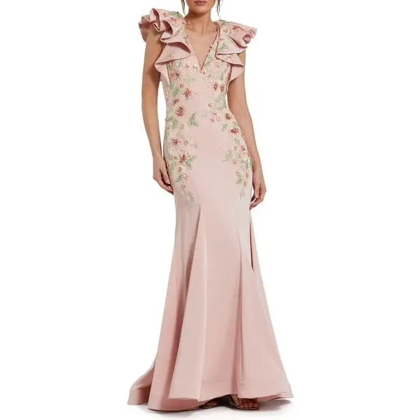 Mac Duggal Flutter Sleeve Embellished Mermaid Gown - Blush