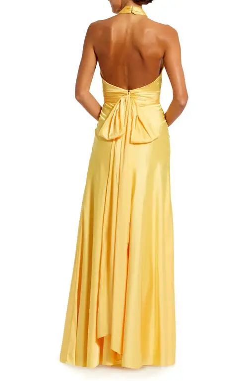 Mac Duggal Ruched Halter Neck Satin Gown - Lemon