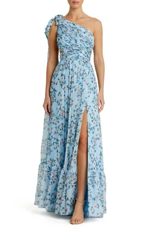 Mac Duggal Floral Chiffon One-shoulder A-line Gown - Aqua Multi