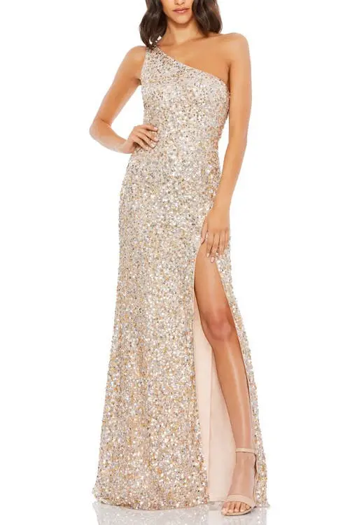 Mac Duggal Sequin One-shoulder Gown With Embellishments - Nude