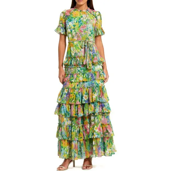 Mac Duggal Floral Printed Chiffon Gown - Green Multi