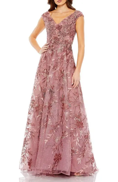 Mac Duggal Embroidered Illusion Cap Sleeve A-line Gown - Cinnamon