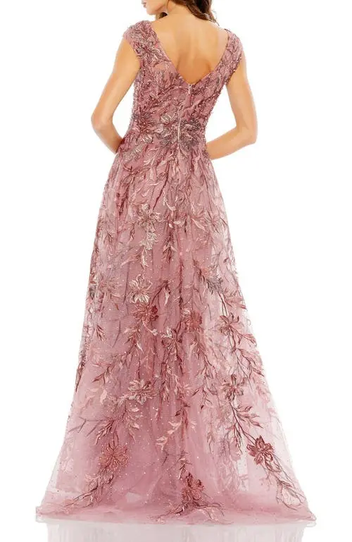 Mac Duggal Embroidered Illusion Cap Sleeve A-line Gown - Cinnamon