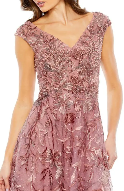 Mac Duggal Embroidered Illusion Cap Sleeve A-line Gown - Cinnamon