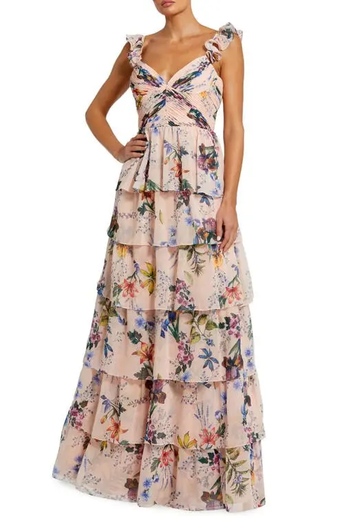 Mac Duggal Ruffle Sleeveless Chiffon Tiered Floral Print Gown