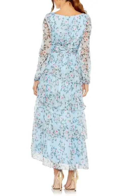 Mac Duggal Puff Sleeve Floral Printed Midi Dress - Aqua Multi