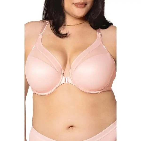 CURVY COUTURE Sheer Mesh Front Clasp Racerback Underwire Bra - Blushing Rose