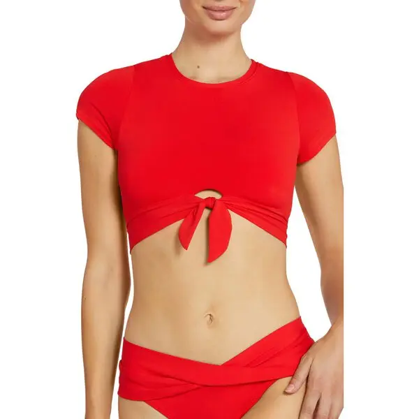 Robin Piccone Ava Knot Front Tee Bikini Top - Fiery Red