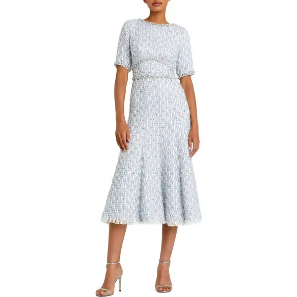 Mac Duggal Short Sleeve Beaded Boucle Midi Dress - Blue Multi