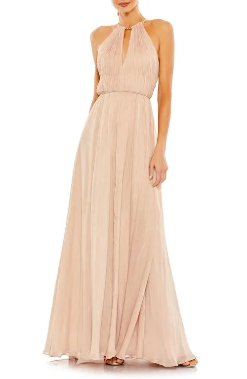 Mac Duggal Chain Trim Keyhole Halter Neck A-line Gown - Beige