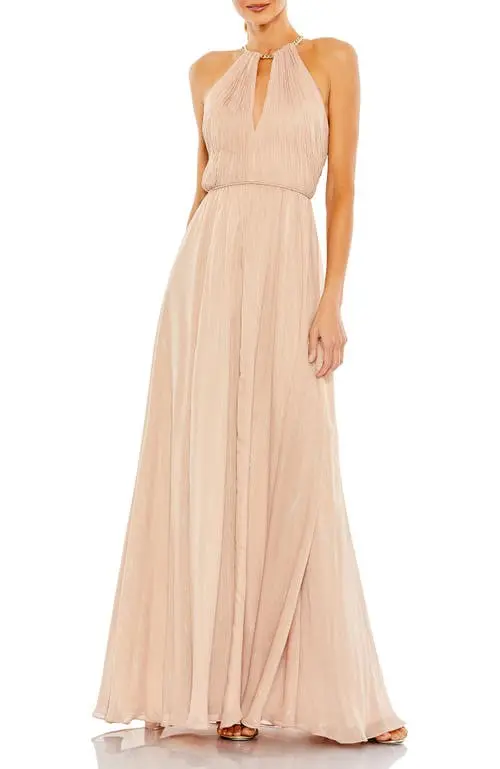 Mac Duggal Chain Trim Keyhole Halter Neck A-line Gown - Beige