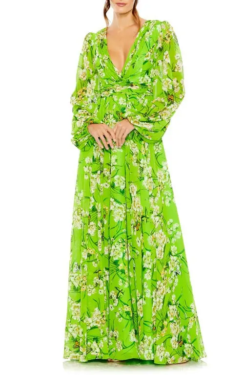 Mac Duggal Puff Sleeve Floral Chiffon Gown - Green Multi