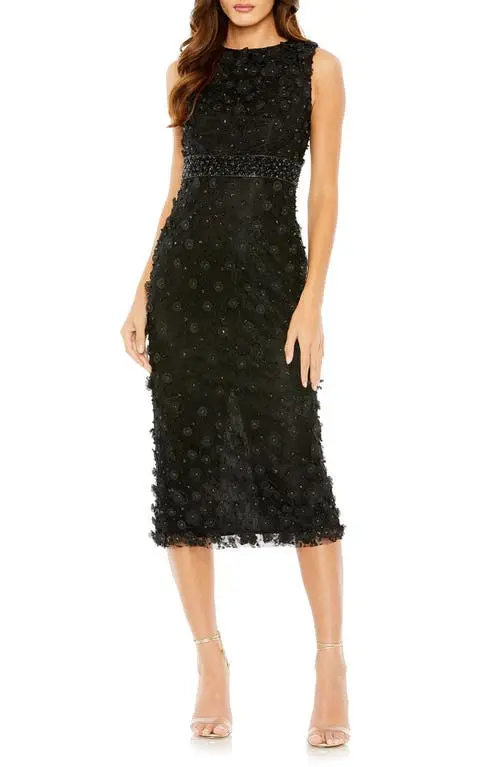 Mac Duggal Floral Applique Sleeveless Midi Sheath Dress - Black