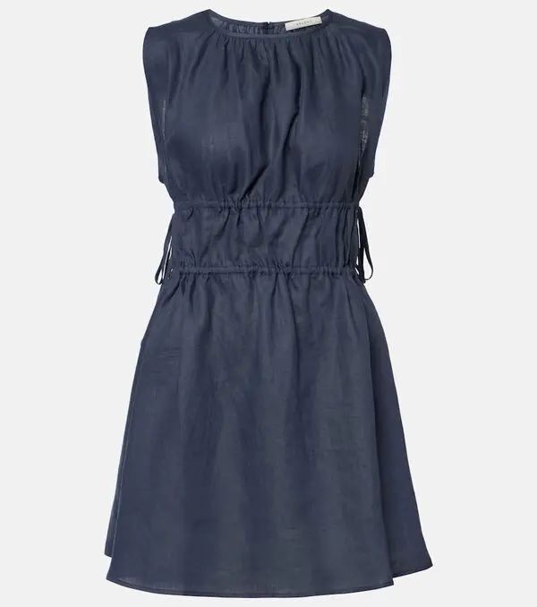 Asceno Como Gathered Linen Minidress - Blue