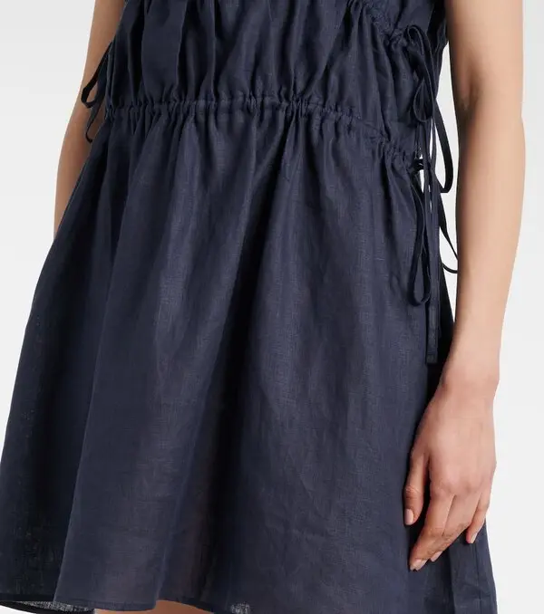 Asceno Como Gathered Linen Minidress - Blue