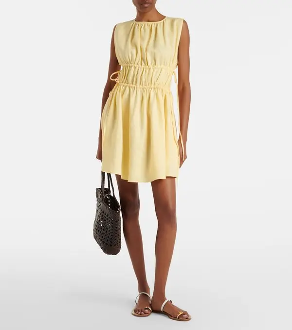 Asceno Como Gathered Linen Minidress - Yellow