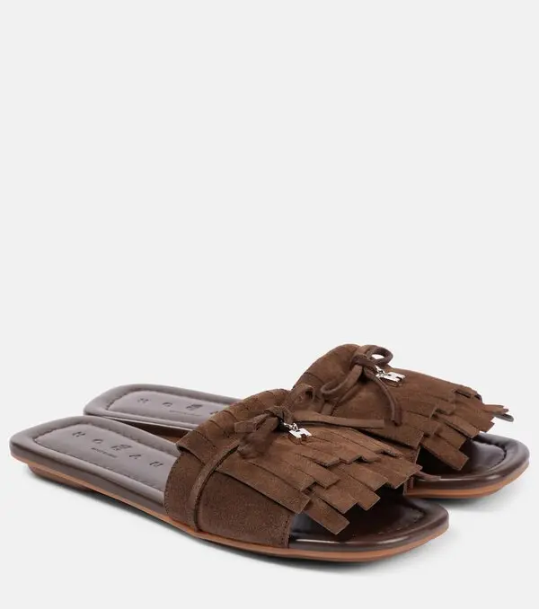 Hogan H685 Fringed Suede Slides - Brown