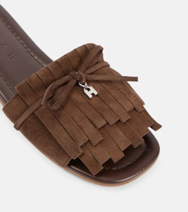 Hogan H685 Fringed Suede Slides - Brown