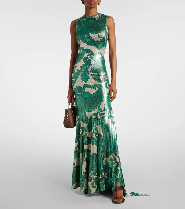 Etro Paisley Open-back Lame Maxi Dress - Green