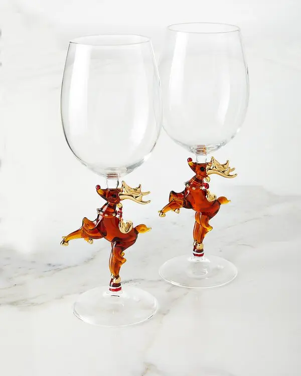 Neiman Marcus Christmas Reindeer 16 Oz. Wine Glasses, Set Of 2 - One-color