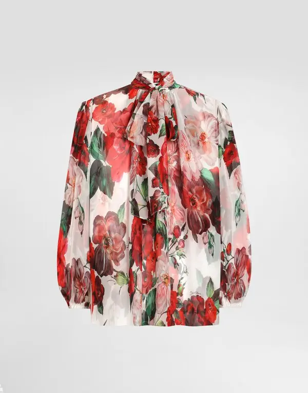 Dolce & Gabbana Chiffon Pussy-bow Blouse With Rose - Print